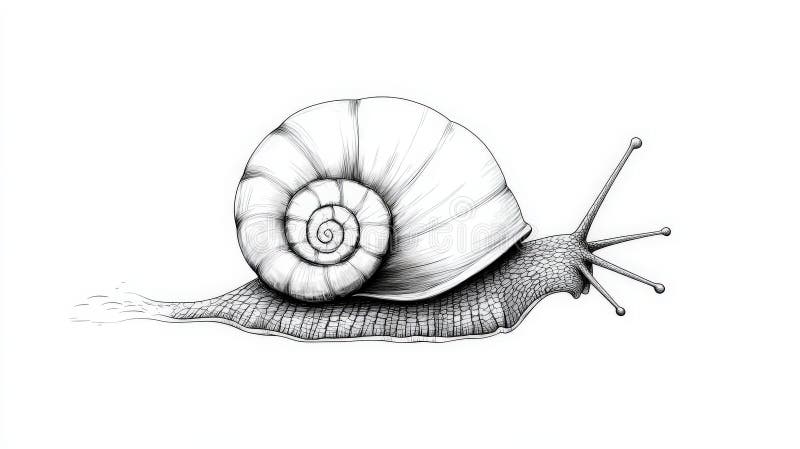 Detailed Black and White Illustration of a Snail with Intricate Shell ...