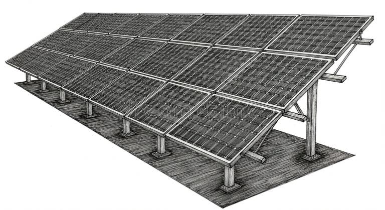 A Detailed Black-and-white Illustration of a Solar Panel Array ...