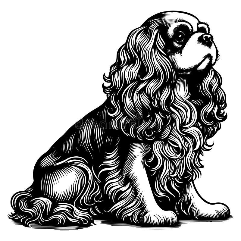 Detailed Black and White Illustration of a Spaniel Dog. Vector ...