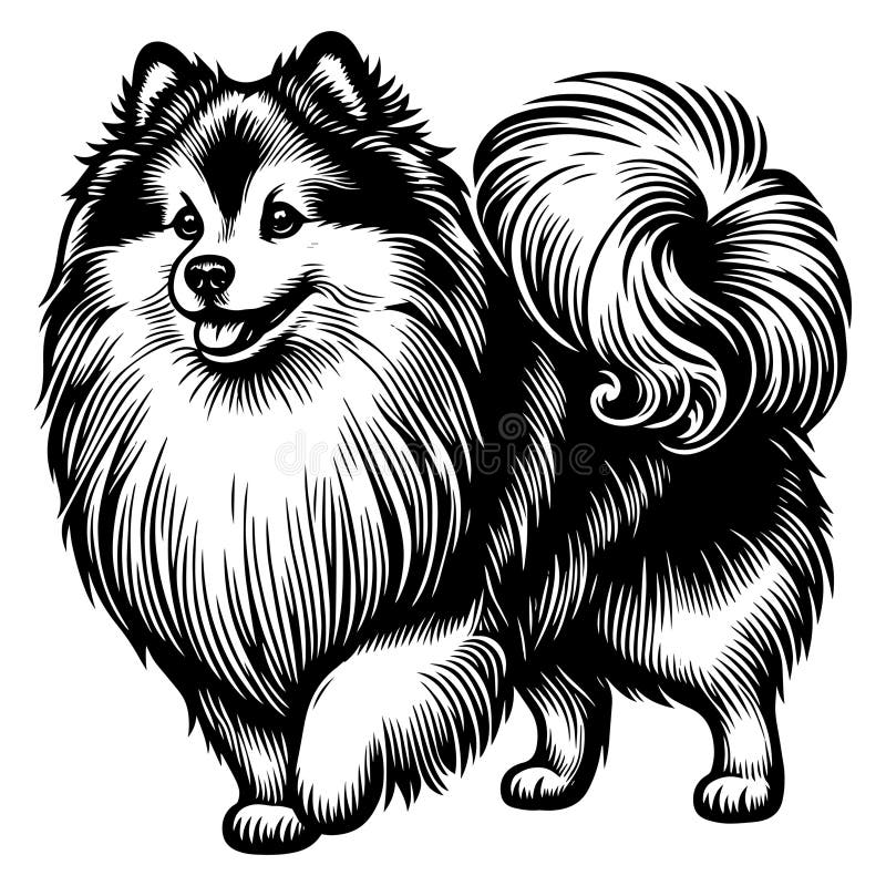 Detailed Black and White Illustration of a Spitz Dog. Vector ...