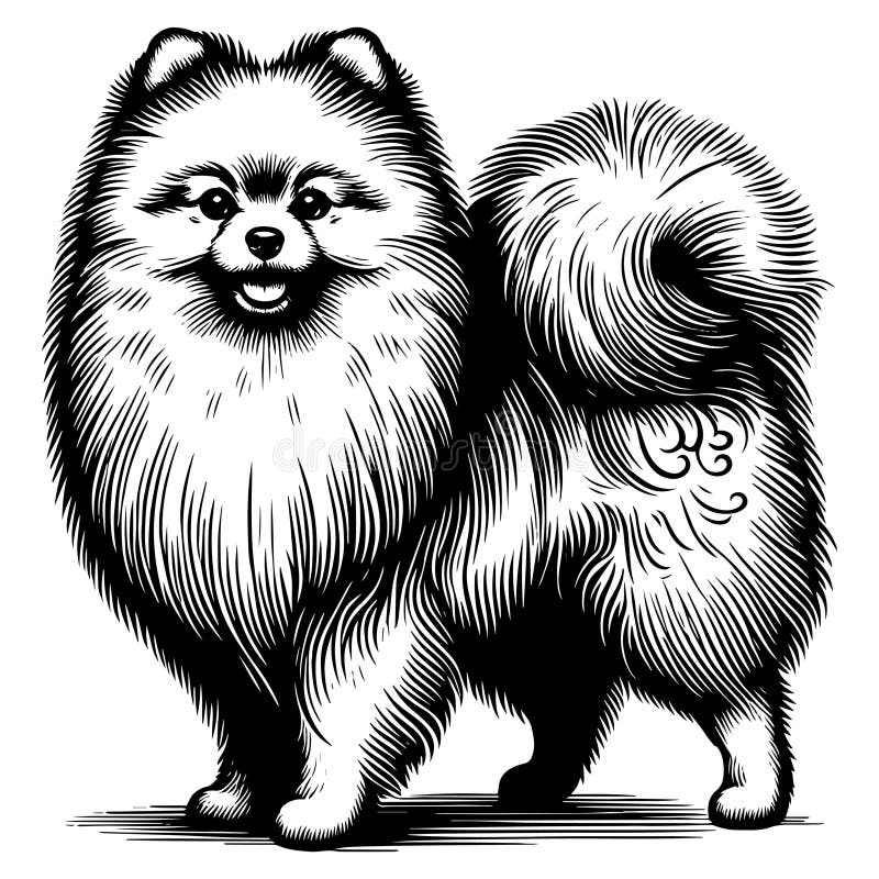 Detailed Black and White Illustration of a Spitz Dog. Vector ...