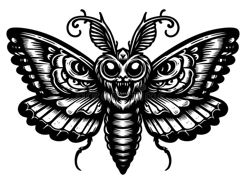 Detailed Black and White Illustration of a Stylized Moth with Eyes ...