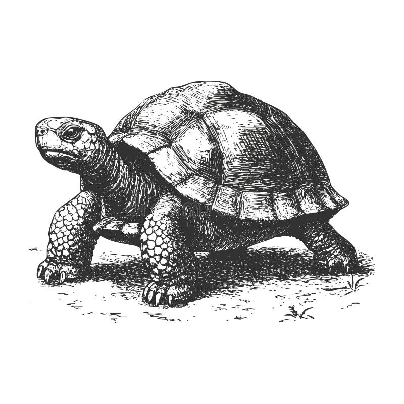 Detailed Black and White Illustration of a Tortoise in Traditional ...