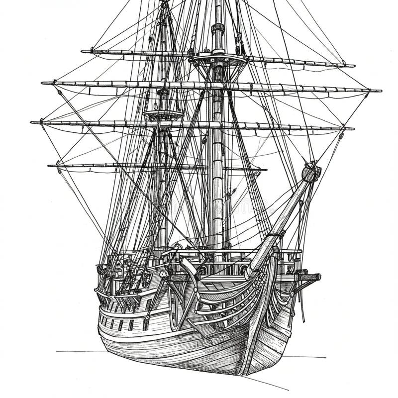 Detailed Black-and-white Illustration of a Vintage Sailing Ship. the ...