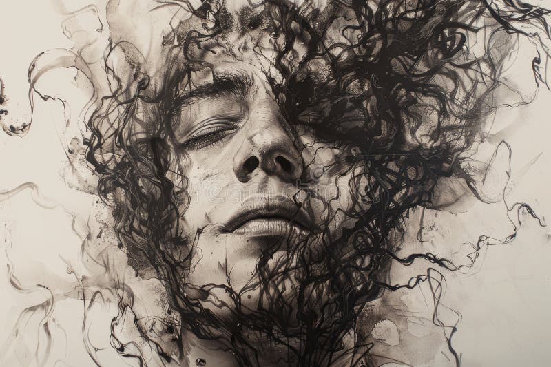 A Detailed Black and White Ink Drawing of a Persons Face Partially ...