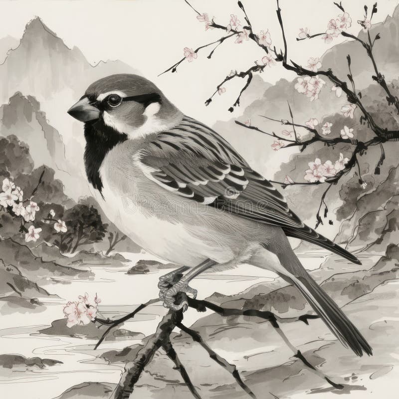 A Detailed, Black and White Ink Drawing of a Sparrow Perched on a ...