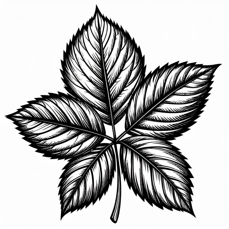 Detailed Black and White Line Art of a Five Pointed Leaf on Plain ...