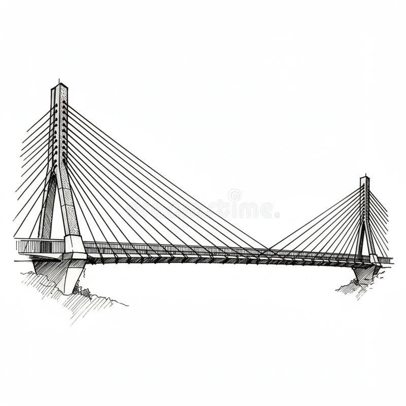 Detailed Black-and-white Line Drawing of a Cable-stayed Bridge ...