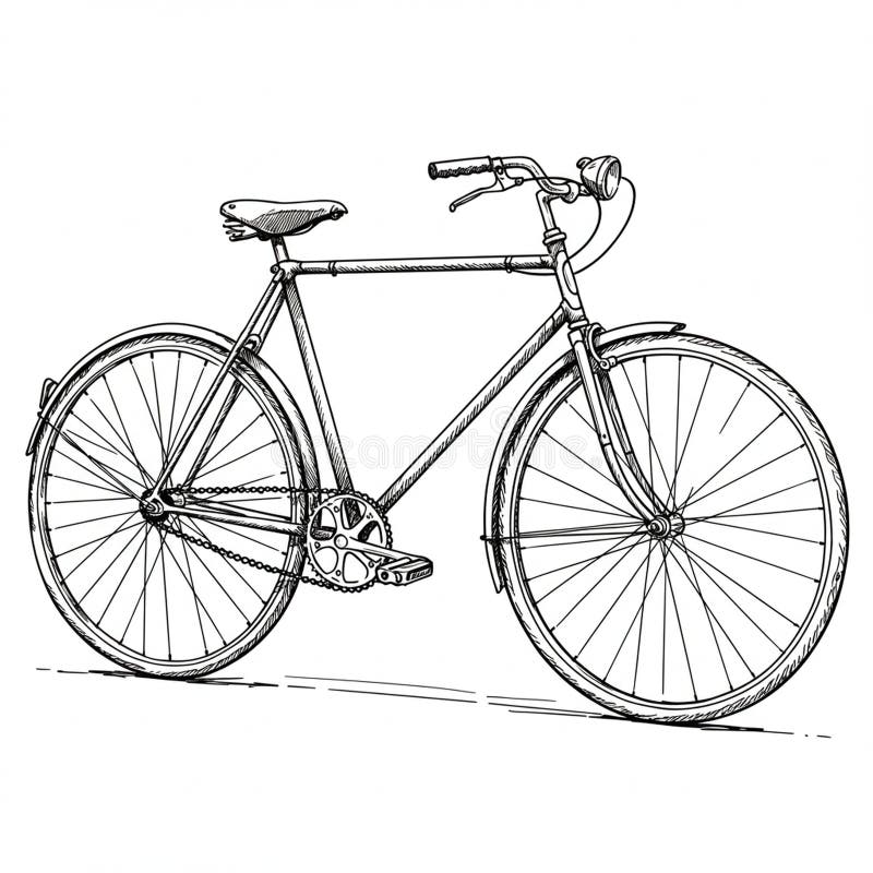 Detailed Black and White Line Drawing of a Classic Bicycle. Features ...