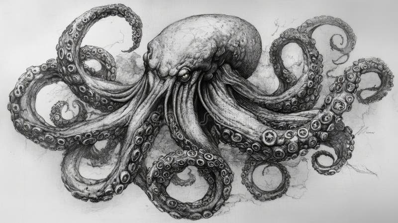 Detailed Black and White Octopus Drawing Stippling Texture Stock ...