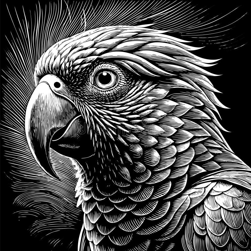 Detailed Black and White Parrot Illustration with Intricate Feather ...
