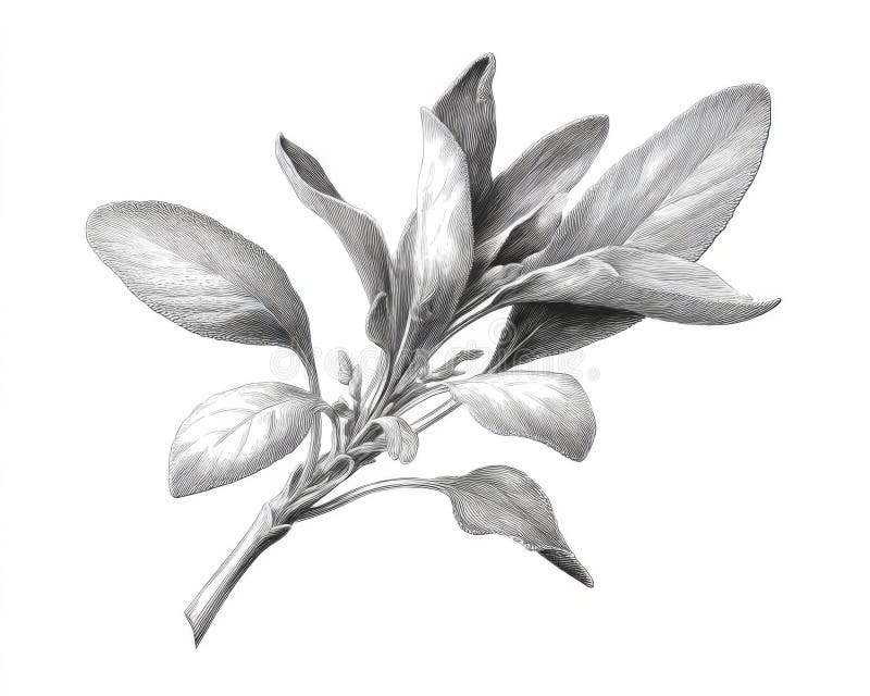 Detailed Black and White Sage Leaves Drawing Stock Illustration ...