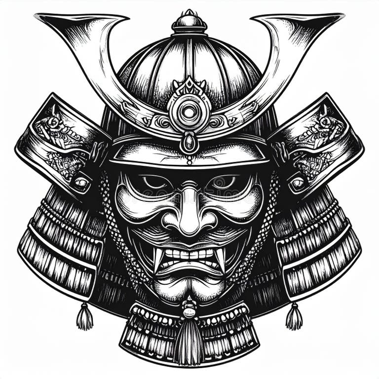 Detailed Black and White Samurai Mask Illustration Stock Illustration ...