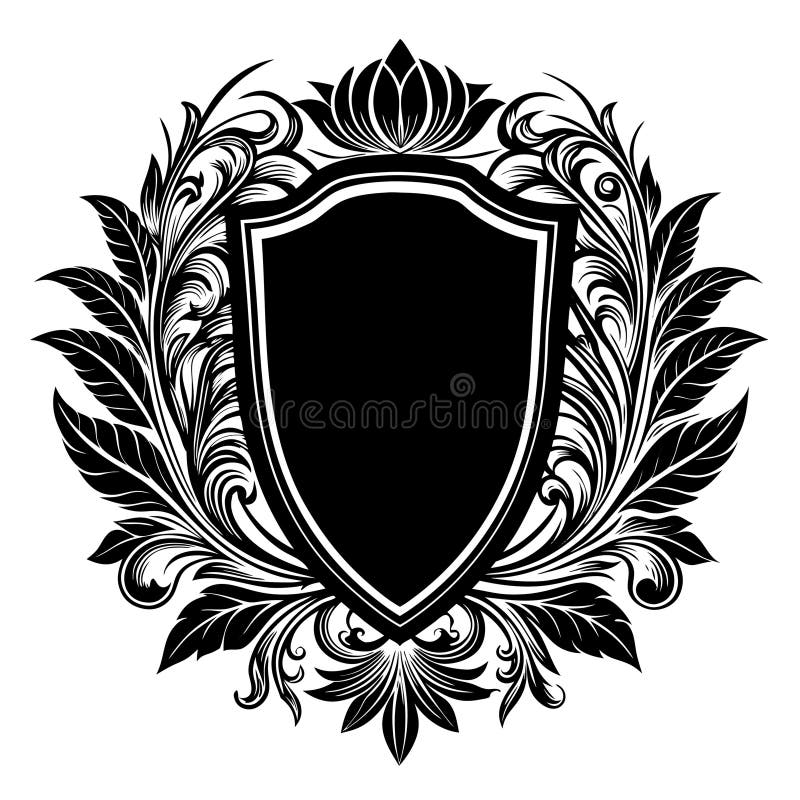 Detailed Black and White Shield with Crown and Leaves Stock Vector ...