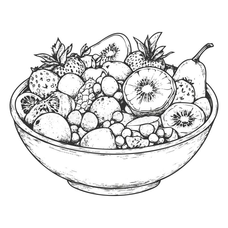 Detailed Black and White Sketch of Assorted Fruits in a Bowl. Stock ...