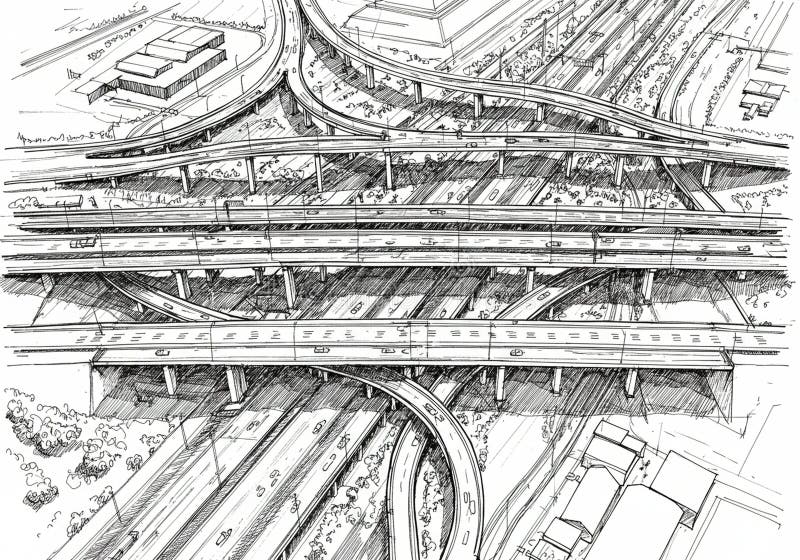 Detailed Black-and-white Sketch of a Complex Freeway Interchange with ...