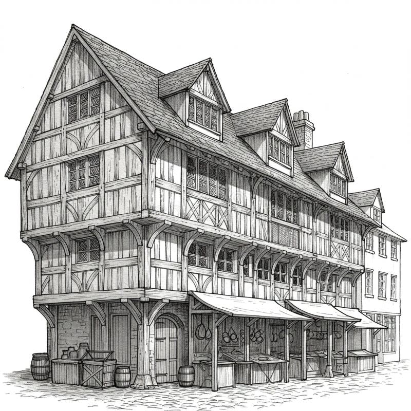 A Detailed Black-and-white Sketch of a Medieval Timber-framed Building ...