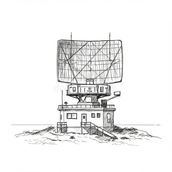 A Detailed Black and White Sketch of a Radar Installation Positioned on ...