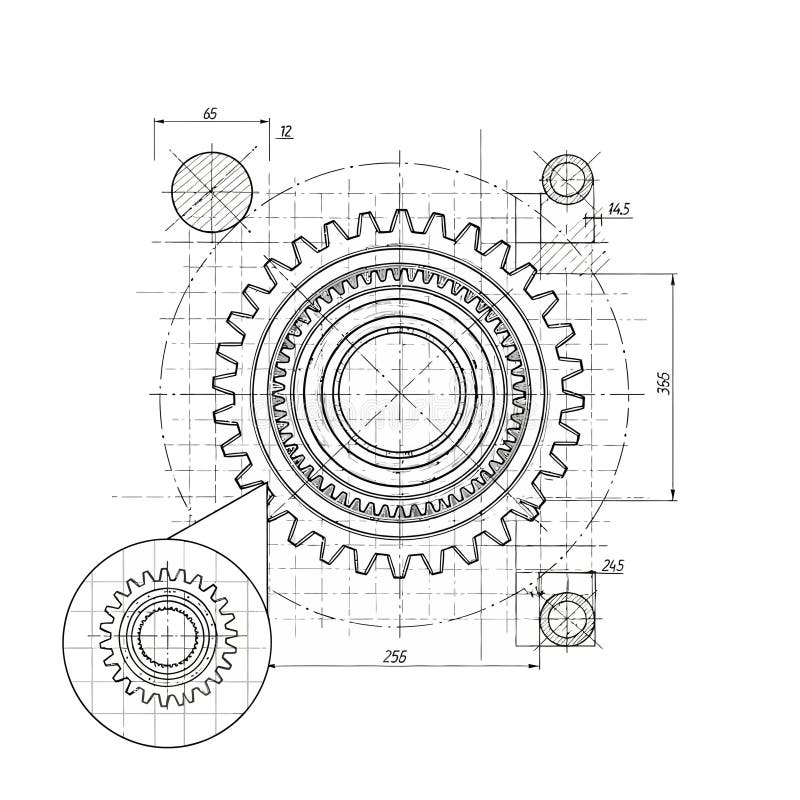 Technical Drawing of a Mechanical Gear System Stock Illustration ...