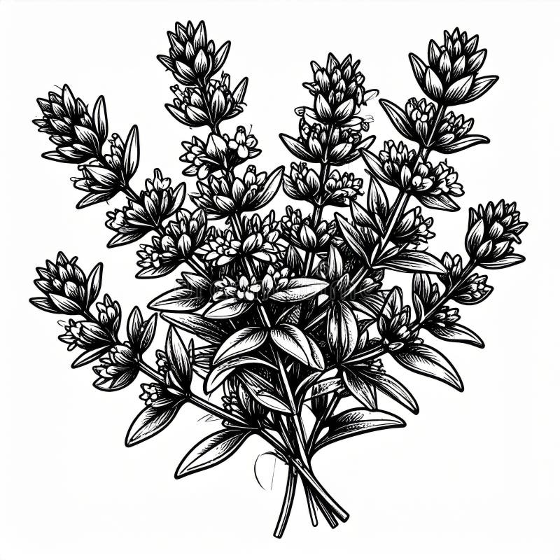 Detailed Black and White Thyme Herb Illustration Stock Illustration ...