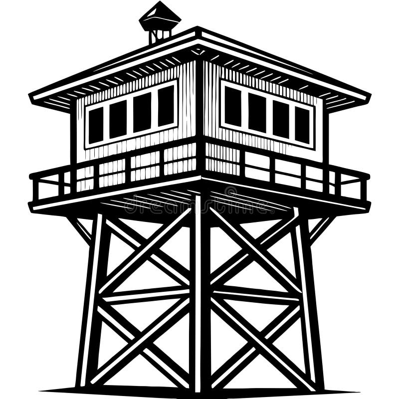 Detailed Black and White Vector Design of a Rustic Watchtower for Art ...
