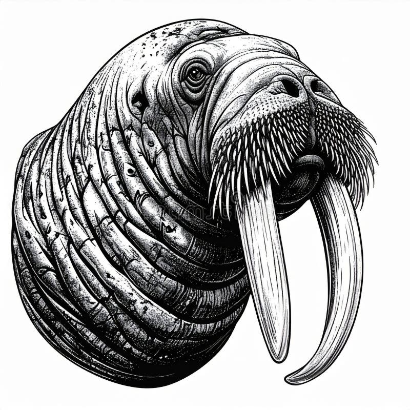 Detailed Black and White Walrus Portrait Drawing Stock Illustration ...