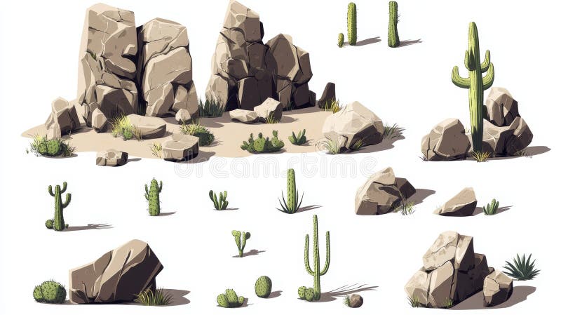 Detailed Blend of Desert Elements, Encompassing Rocks, Cacti, and Plant ...