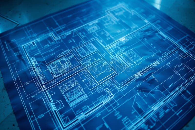 Detailed Blue Architectural Blueprint Showing Technical Drawings and ...