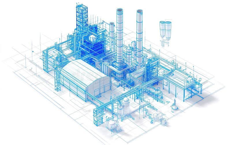 Detailed Blue Blueprint of an Industrial Power Plant Layout with ...
