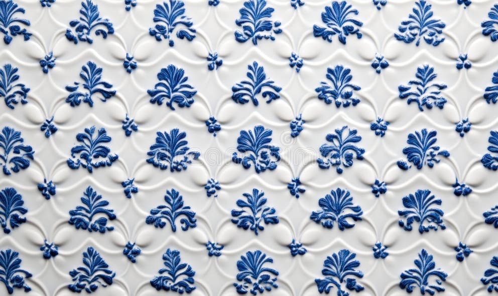 Detailed Blue Floral Embossed Pattern on White, Creating an Elegant and ...