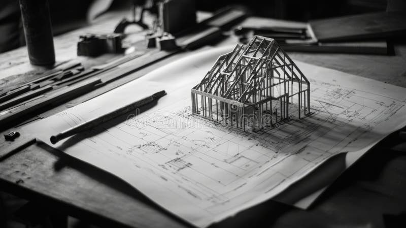 Detailed Blueprint with Architectural Model on Workspace Table Stock ...