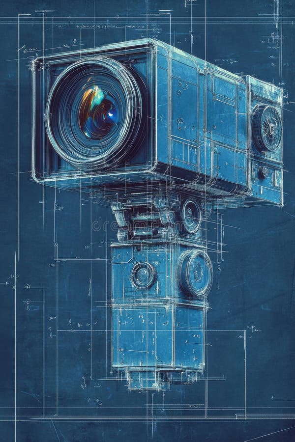 Detailed Blueprint of a Camera with Technical Specifications on a Blue ...