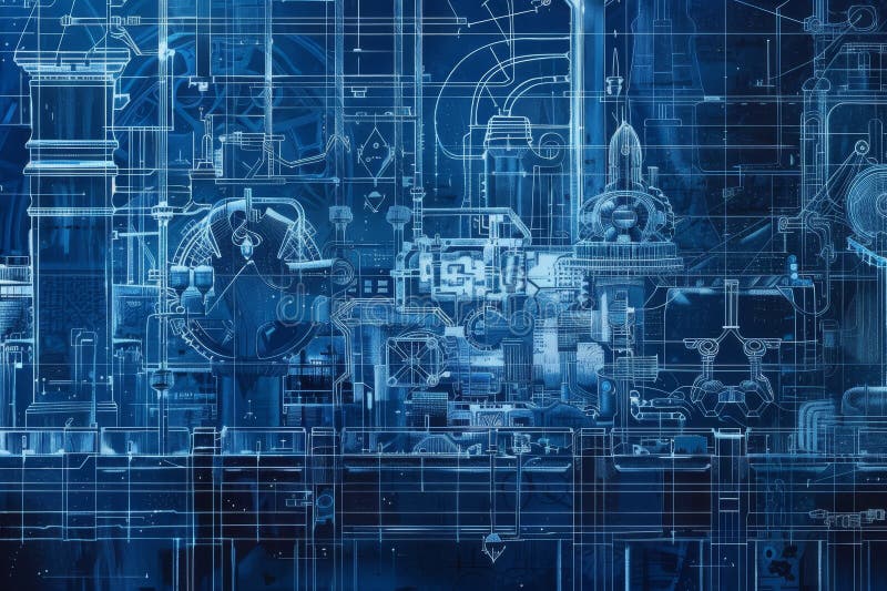 Detailed Blueprint of a Complex Mechanical Machine in a Factory Setting ...