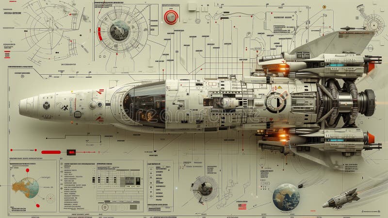 Futuristic Spaceship Blueprint with Technical Schematics and Diagrams Stock Illustration ...