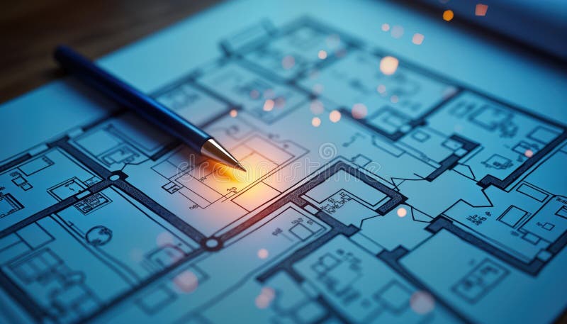 Detailed Blueprint of House Plan Highlighted with Pen. Architecture ...