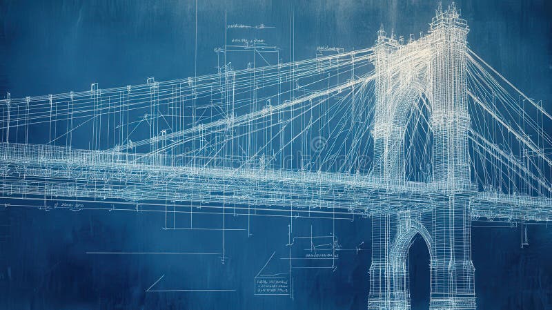 Detailed Blueprint Illustration of a Bridge Design with Structural ...