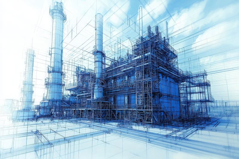 Detailed Blueprint of an Industrial Complex with Multiple Smokestacks ...