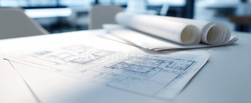 The Detailed Blueprint Laying on a Modern Office Table..AI Generated ...