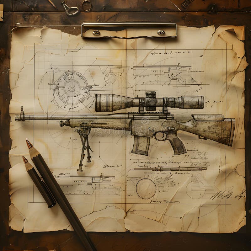 Detailed Blueprint of a Modern Rifle with a Scope on Aged Parchment ...