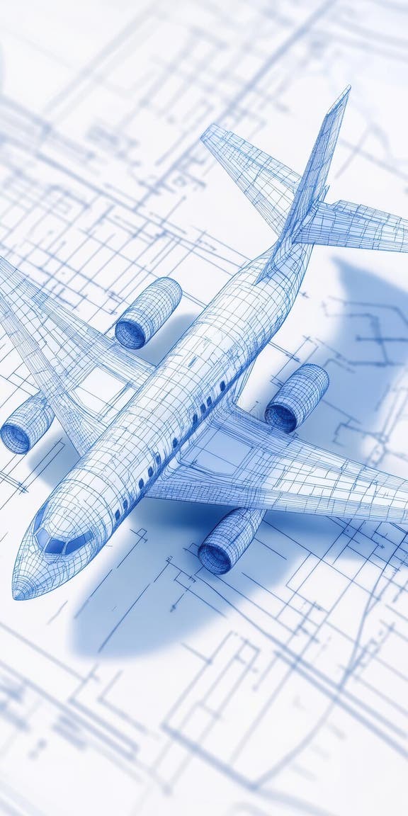 Detailed Blueprint of a Passenger Airplane on a Technical Drawing Board ...
