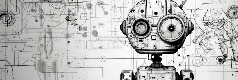Detailed Blueprint of a Robot Head with Mechanical Elements and ...