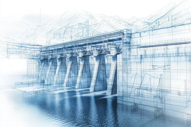 Detailed Blueprint of a Hydroelectric Dam with Surrounding Mountains ...