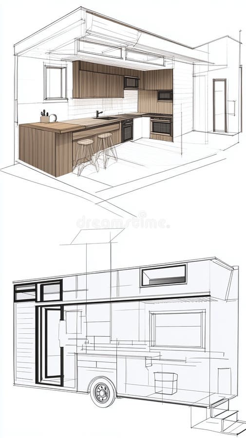 Detailed Blueprint of a Tiny House Featuring Innovative Space-saving ...