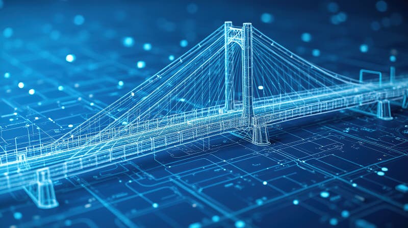 Bridge Wireframe Blueprint Engineering Design on Blue Background Stock ...