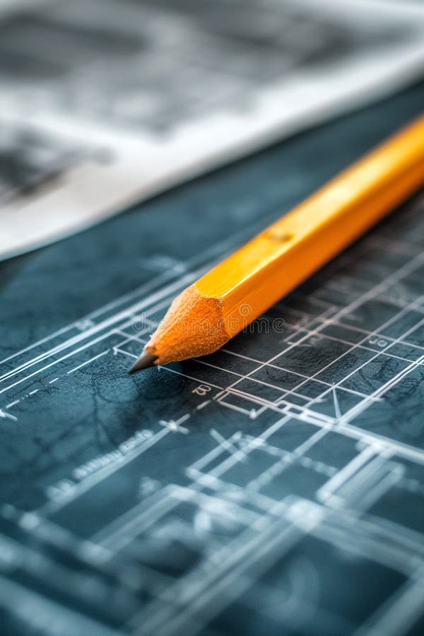 Detailed Blueprint with Yellow Pencil, Showcasing Architectural Design ...