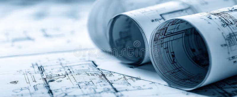 The Detailed Blueprints Rolled Out on a Workspace for Architectural ...