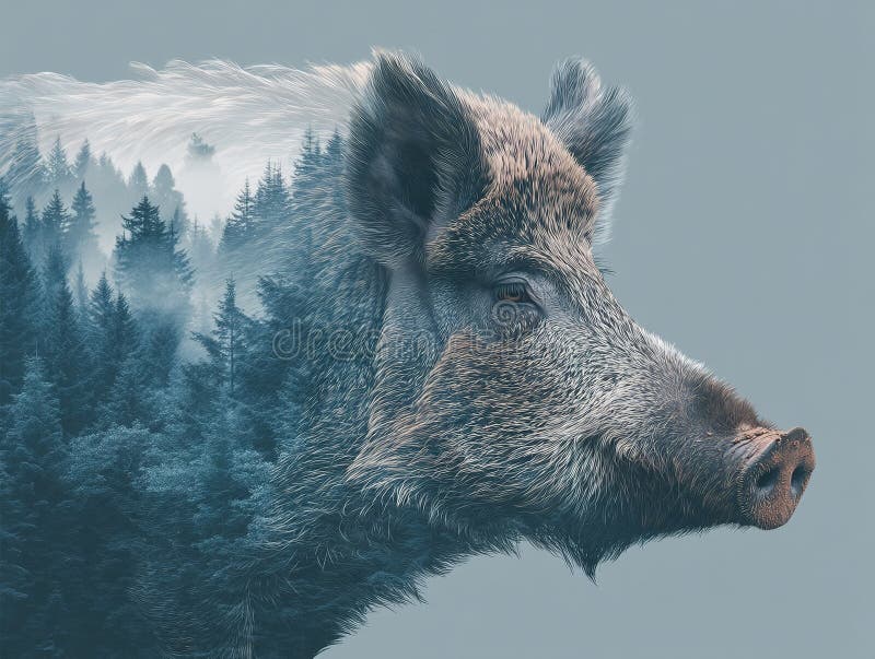 Detailed Boar Profile with Forest Overlay on a Neutral Background ...