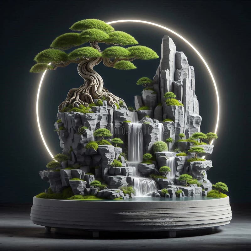 A Detailed Bonsai and Cascading Stone Waterfall in a Circular ...