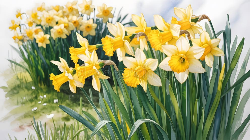 Detailed Botanical Art of Daffodils in Spring Bloom Stock Illustration ...