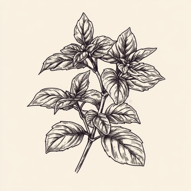 A Detailed Botanical Drawing of a Leafy Plant Branch Showing Texture ...
